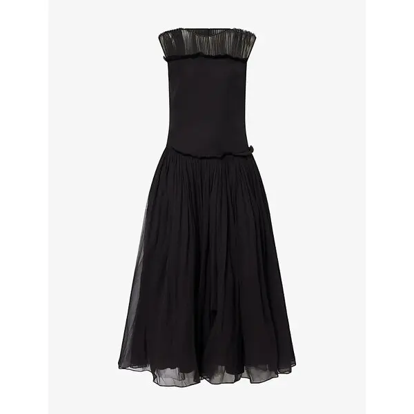 ABADIA Sera Plissé-pleated Silk Midi Dress - Black