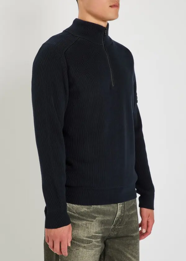 Stone Island Logo-appliquéd Half-zip Ribbed Cotton-knit Jumper - Navy