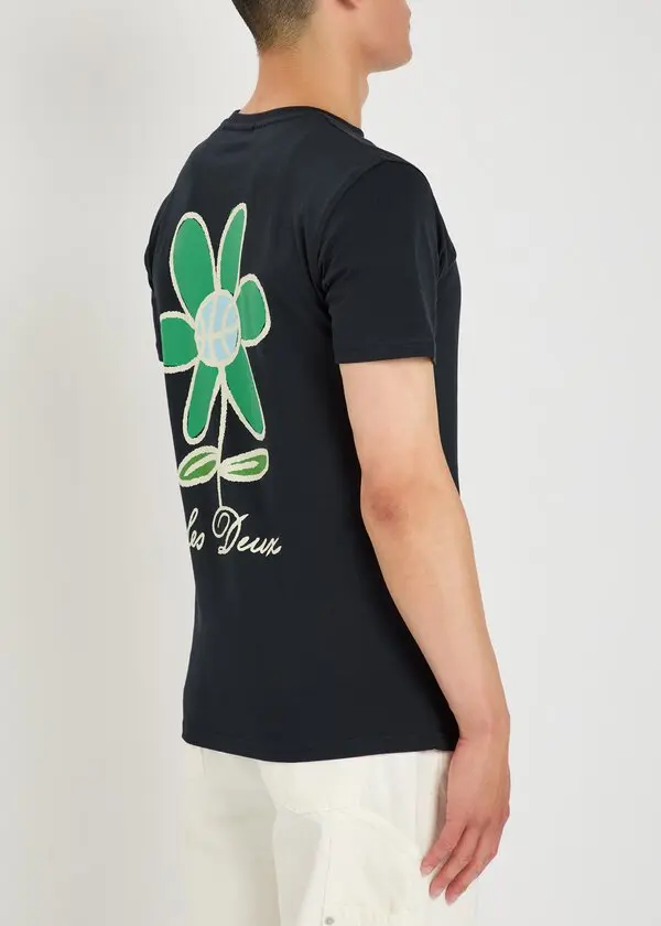 LES DEUX Flower Printed Cotton T-shirt - Navy