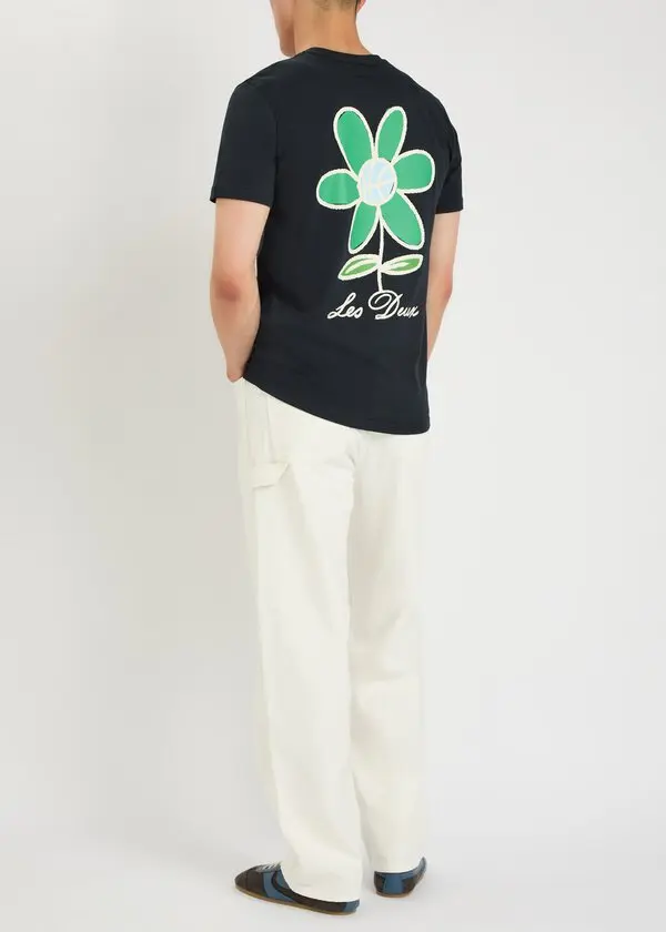 LES DEUX Flower Printed Cotton T-shirt - Navy