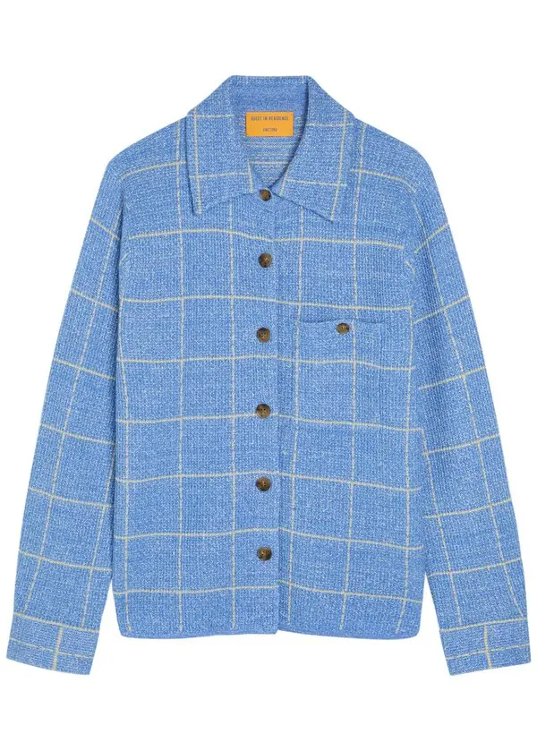 Guest In Residence Plaid Knit Cashmere And Linen-blend Shirt - Light Blue