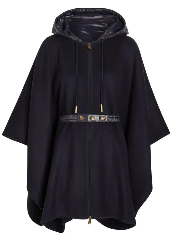 Moncler Hooded Belted Wool-blend Cape Coat - Navy