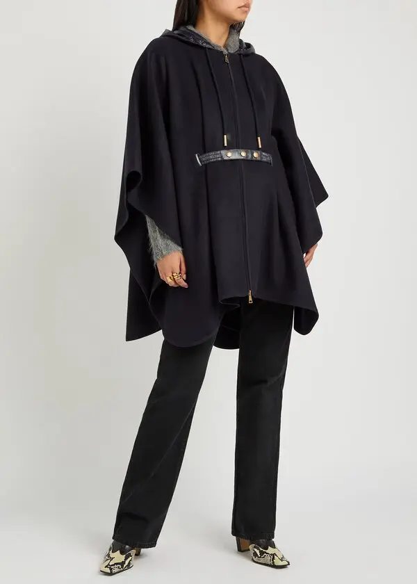 Moncler Hooded Belted Wool-blend Cape Coat - Navy