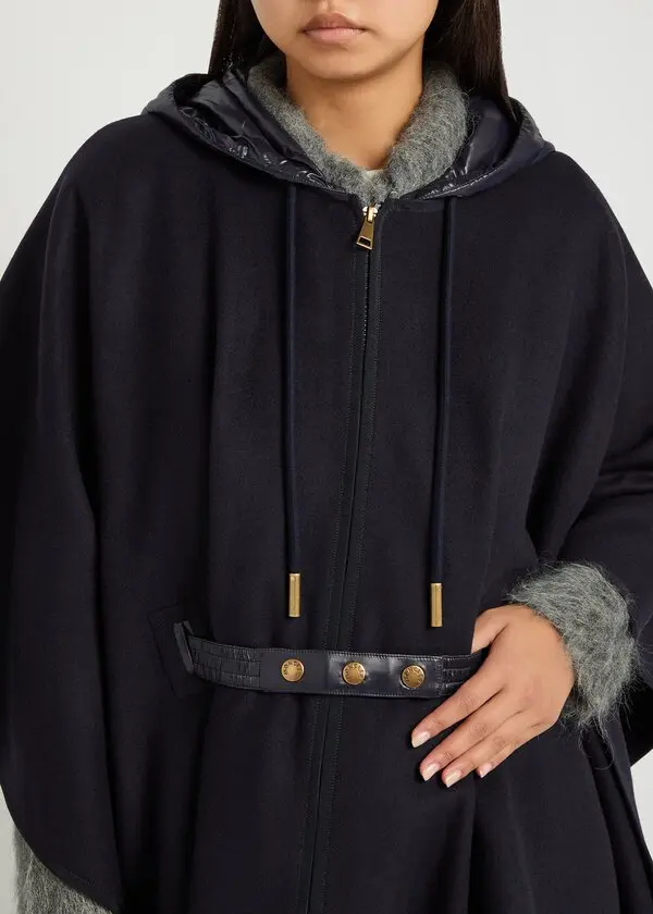 Moncler Hooded Belted Wool-blend Cape Coat - Navy
