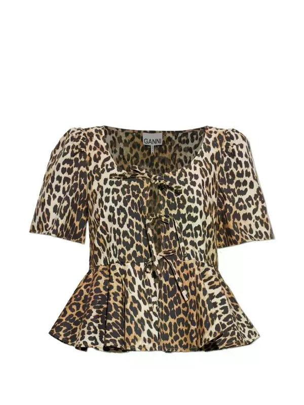 GANNI Leopard Print Puff Sleeve Peplum Blouse - Neutrals