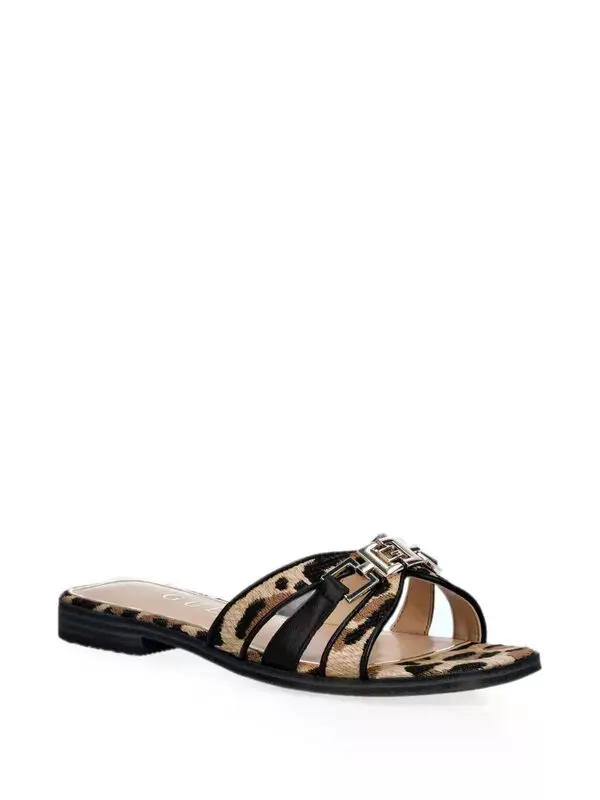 Guess Leopard-print Logo-plaque Flat Slides - Neutrals
