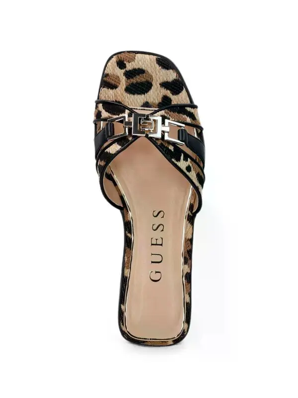 Guess Leopard-print Logo-plaque Flat Slides - Neutrals