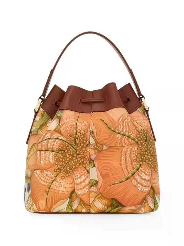 FERRAGAMO Printed Twill And Calfskin Bucket Bag - Orange