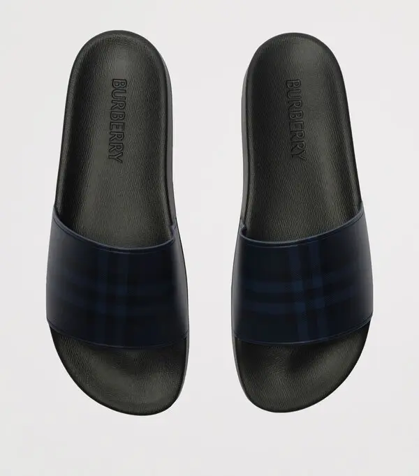 Burberry Checked Rubber Slides - Navy