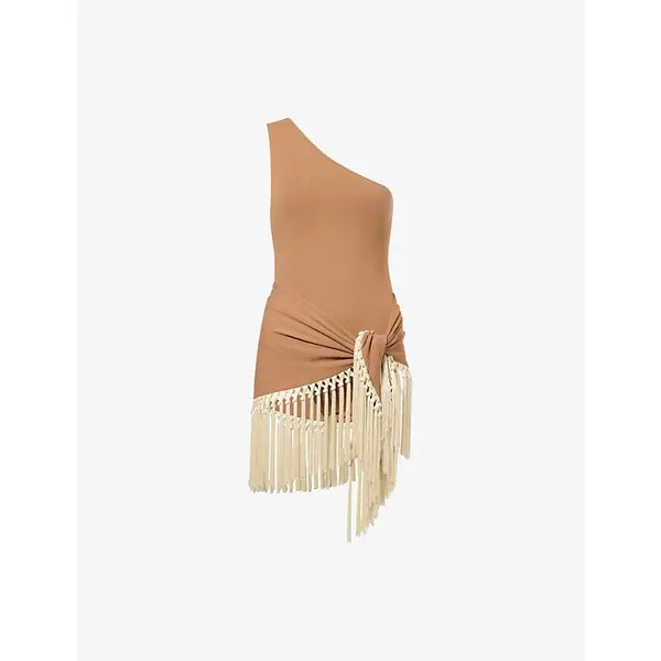 TALLER MARMO Asymmetric Swimsuit With Fringed Sarong - Camel