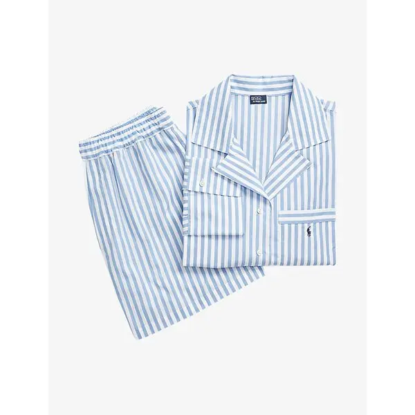 Polo Ralph Lauren Striped Logo-embroidered Cotton-poplin Pyjama Set - White Cloud/ Hydrangea