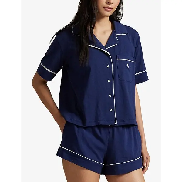 Polo Ralph Lauren Piped-trim Short-sleeved Cotton-blend Pyjama Set - Navy