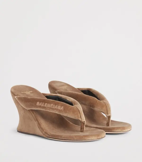 Balenciaga Velvet Wedge Thong Sandals - Brown