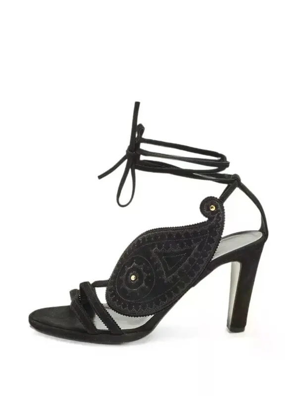 Hermès Embroidered Paisley Ankle-tie Sandals - Black