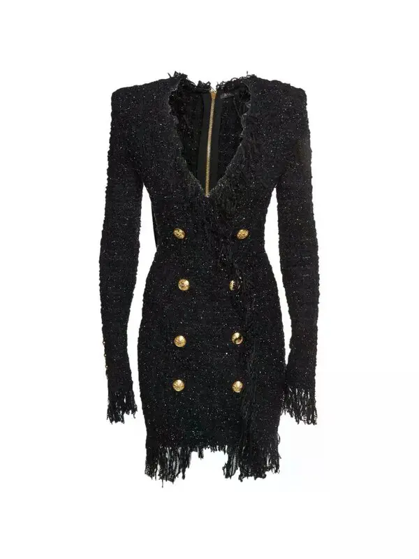 Balmain Mini Bouclé Tweed Fringed Dress - Black