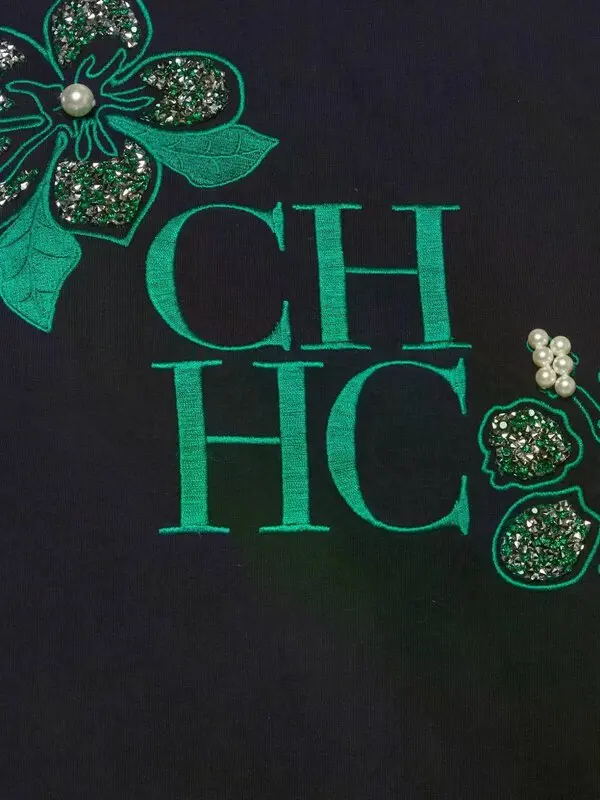 Carolina Herrera Navy Floral-print Embroidered Logo T-shirt - Blue