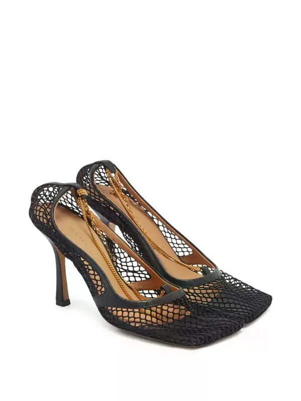 Bottega Veneta Mesh Square Toe Stiletto Pumps With Gold-tone Chain Detailing - Black