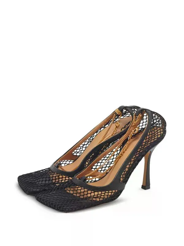 Bottega Veneta Mesh Square Toe Stiletto Pumps With Gold-tone Chain Detailing - Black