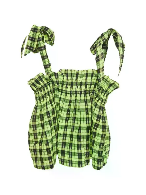 GANNI Shirred Check Top - Green