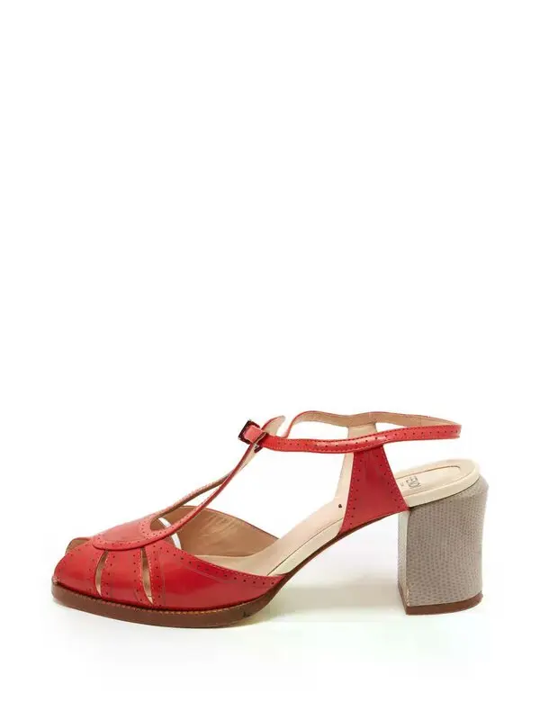 Fendi Lizard-embossed Leather T-bar Block Heel Sandals - Red