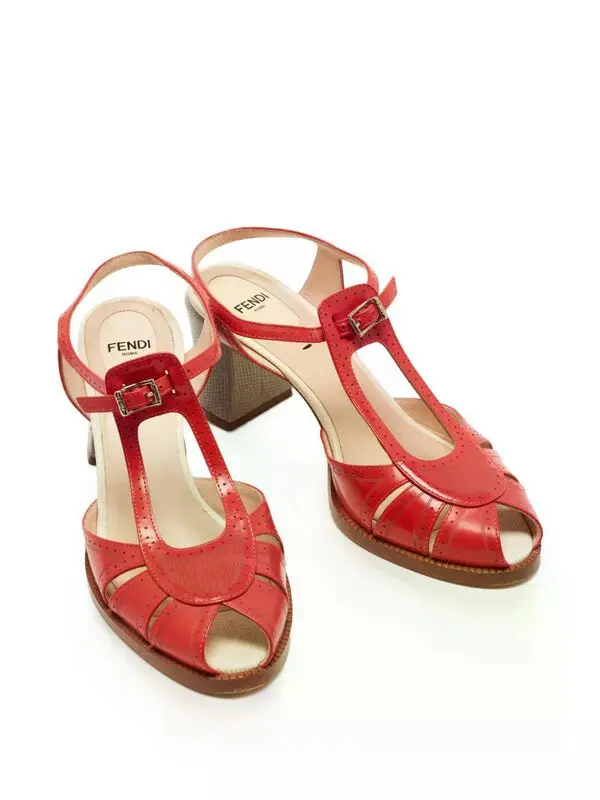Fendi Lizard-embossed Leather T-bar Block Heel Sandals