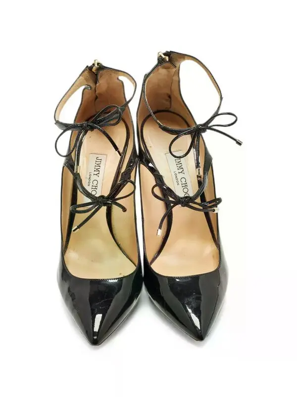 JIMMY CHOO Patent Leather Pointed Toe Tie Detail Pumps