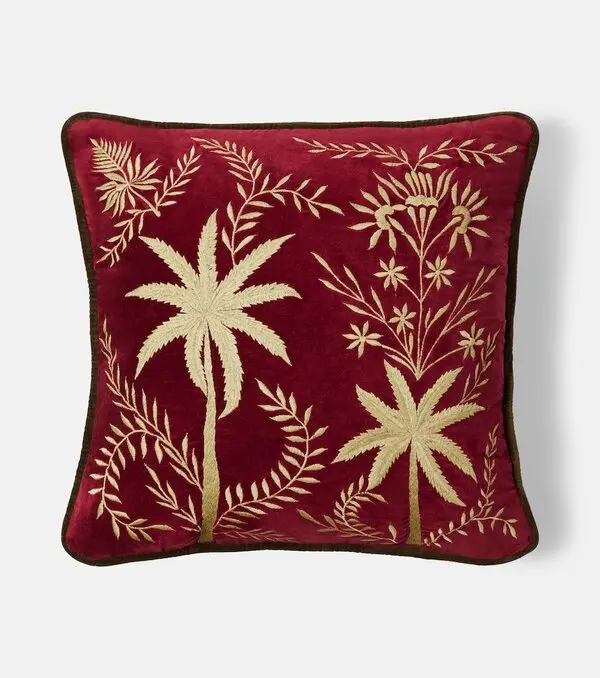 LES-OTTOMANS Embroide Cotton Velvet Cushion - Red