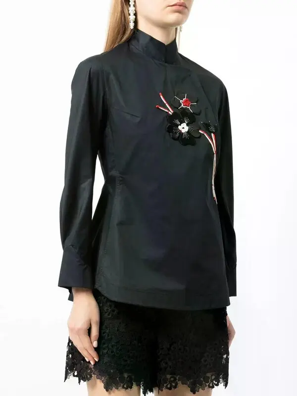 Shiatzy Chen Cotton Appliqué Mandarin Collar Top
