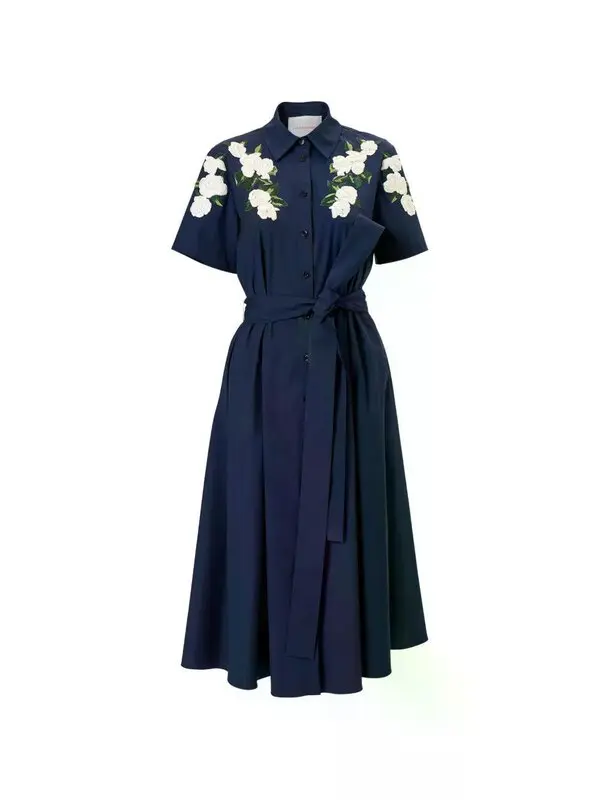 Carolina Herrera Floral-embroidered Belted Midi Shirt Dress - Blue