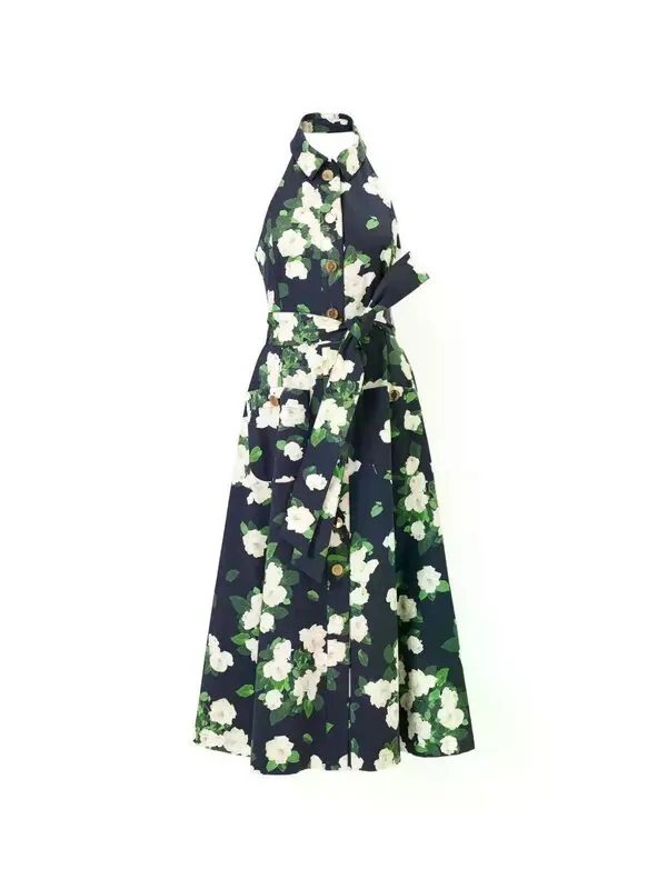 Carolina Herrera Navy Rose Print Halterneck Maxi Dress - Blue