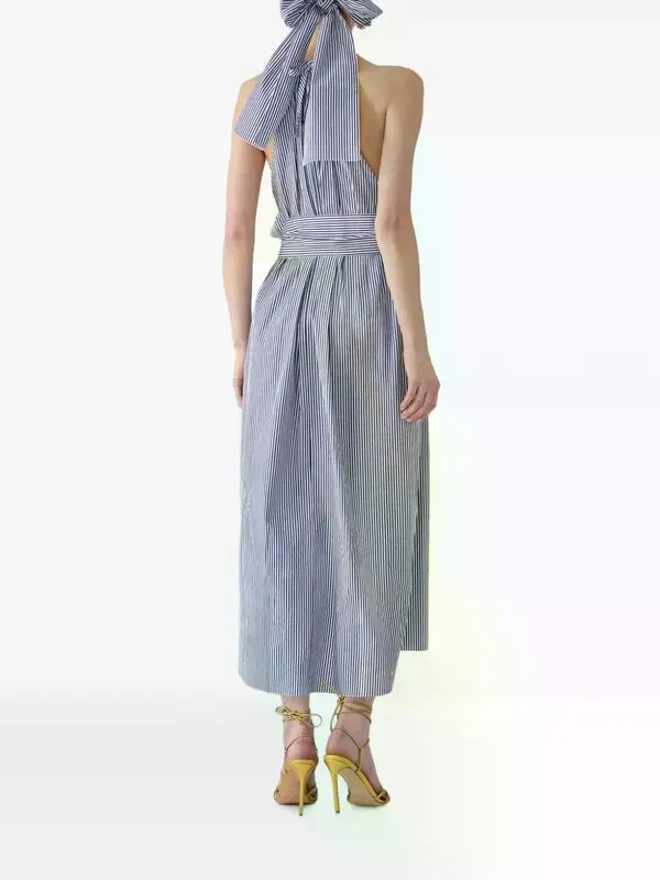 Carolina Herrera Halterneck Midi Dress With Vertical Stripes And Embroidered Motif