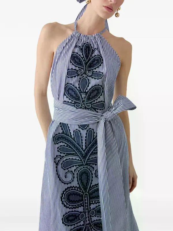 Carolina Herrera Halterneck Midi Dress With Vertical Stripes And Embroidered Motif
