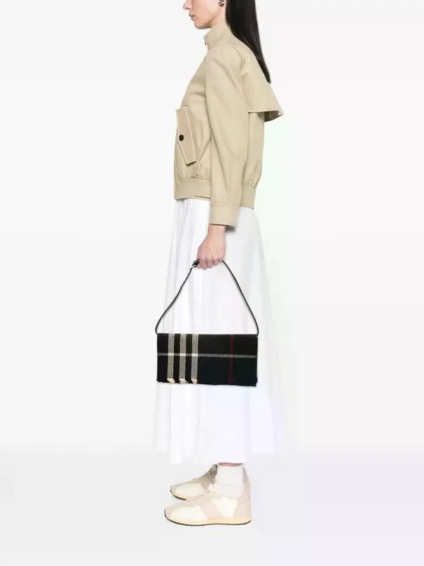 Burberry Exploded Check Wool Fringe Shoulder Bag