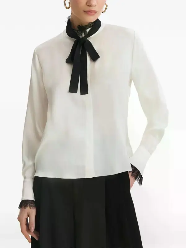 FRAMBOISE Lace-trimmed Pussy-bow Blouse - Neutrals