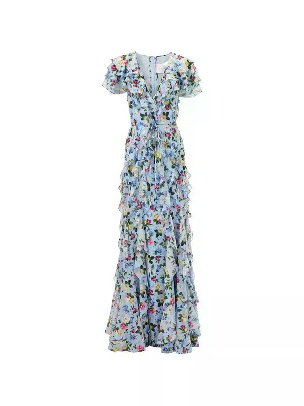 Carolina Herrera Floral Print Ruffled Maxi Dress - Blue