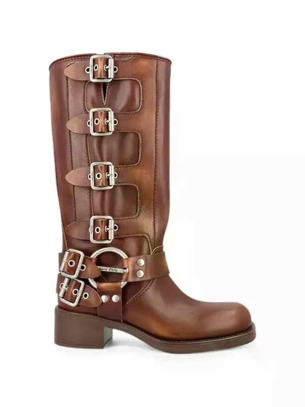 Miu Miu Buckle Detail Leather Boots - Brown