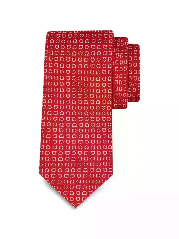 FERRAGAMO Gancini Print Silk Tie - Red