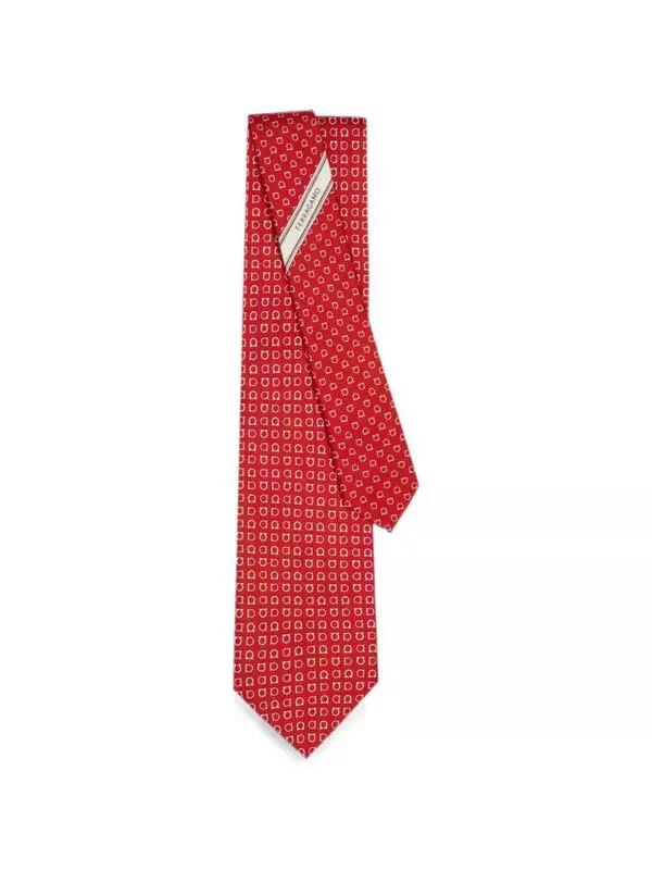 FERRAGAMO Gancini Print Silk Neck Tie - Red