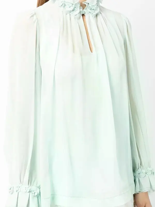 Shiatzy Chen Mulberry Silk Frilled High Neck Blouse