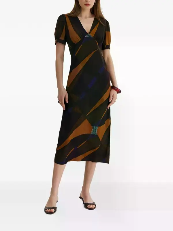 FRAMBOISE Abstract Print Puff Sleeve Midi Dress - Black