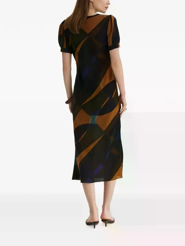 FRAMBOISE Abstract Print Puff Sleeve Midi Dress - Black