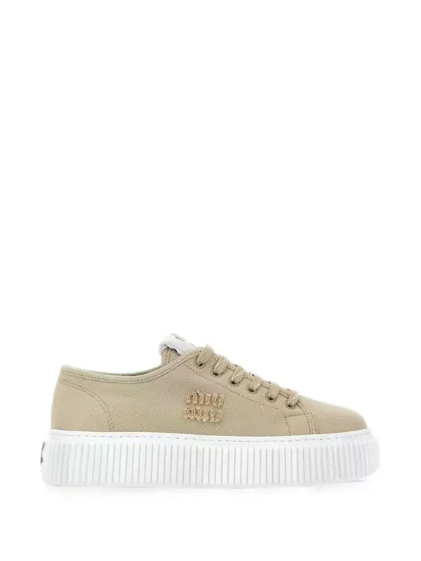 Miu Miu Logo Embroidered Flatform Sneakers - Neutrals