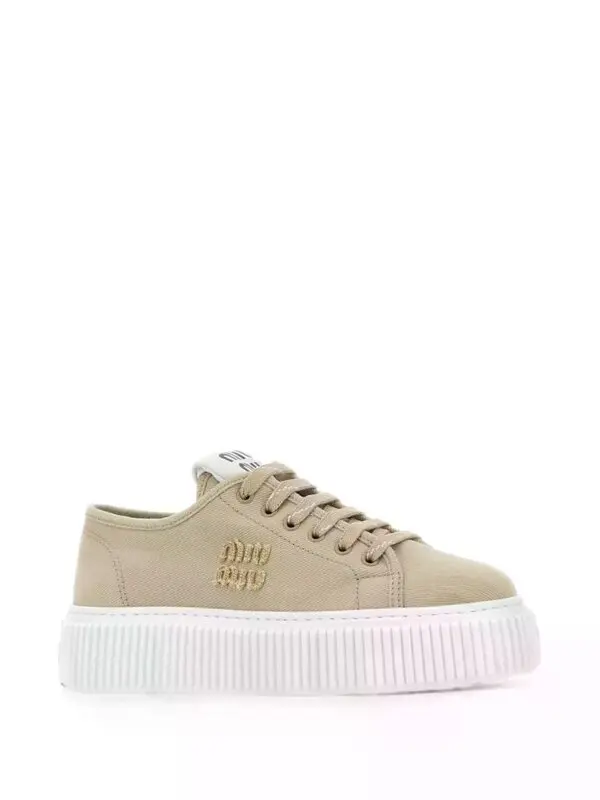 Miu Miu Logo Embroidered Flatform Sneakers - Neutrals
