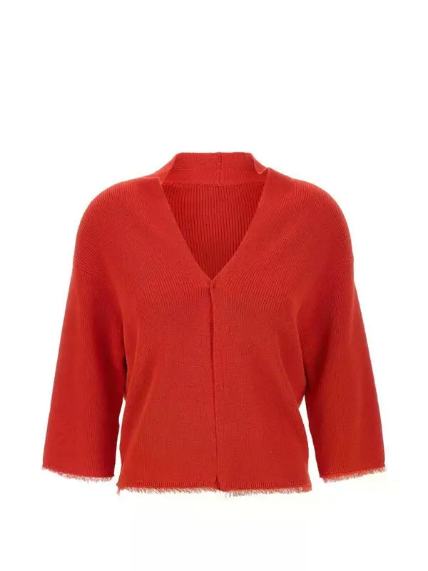 KANGRA Ribbed Fringed Hem Cardigan - Red