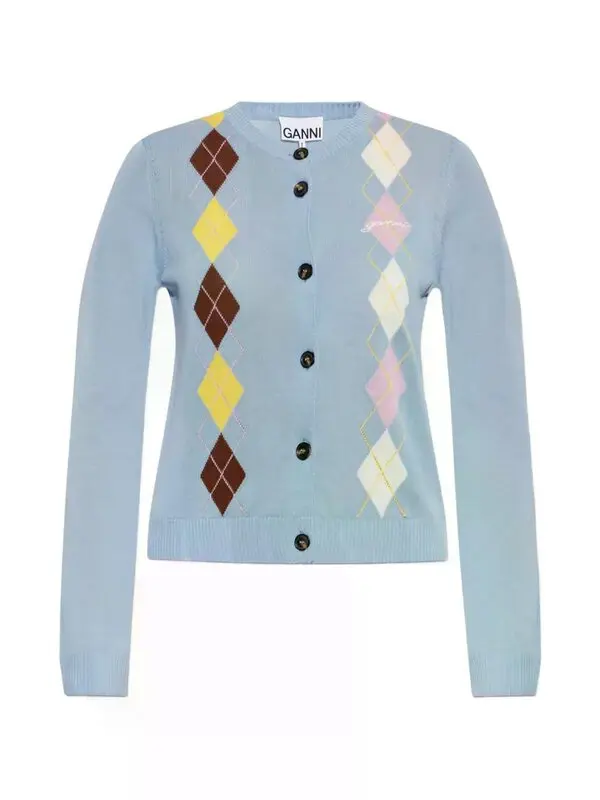 GANNI Argyle Cotton Cardigan - Blue