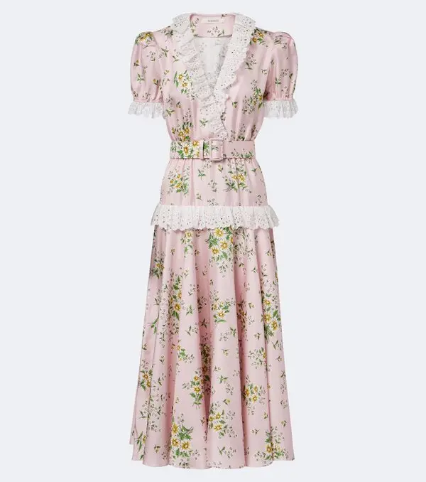 RODARTE Belted Floral Silk Twill Midi Dress - Pink