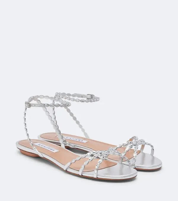 AQUAZZURA Love Struck Embellished Leather Sandals - Silver