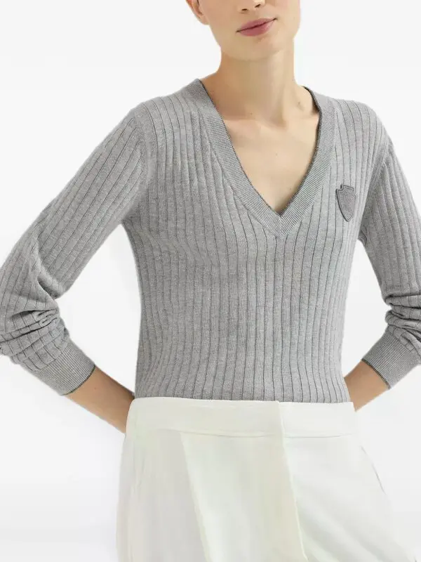Brunello Cucinelli Ribbed V-neck Sweater With Logo Patch