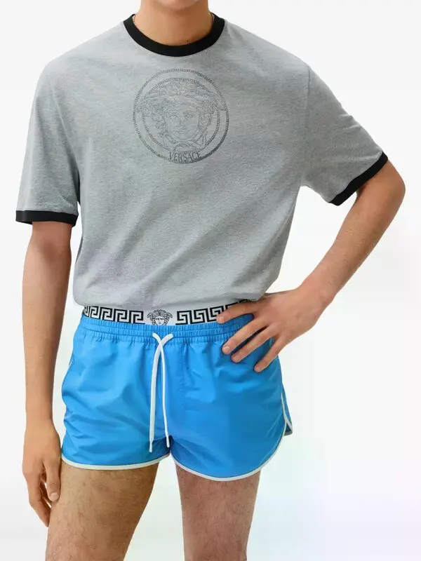 Versace Double Waistband Swim Shorts With Greca Border And Medusa Motif - Blue