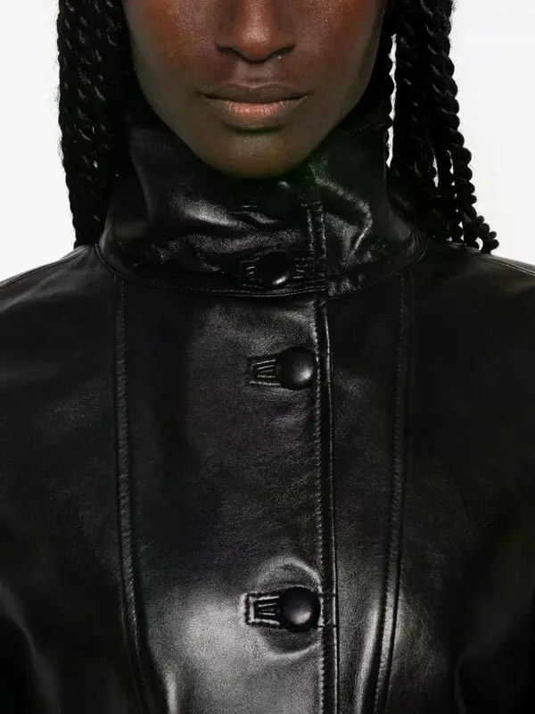 Sandro Oversized Leather Jacket With Stand-up Collar - Black